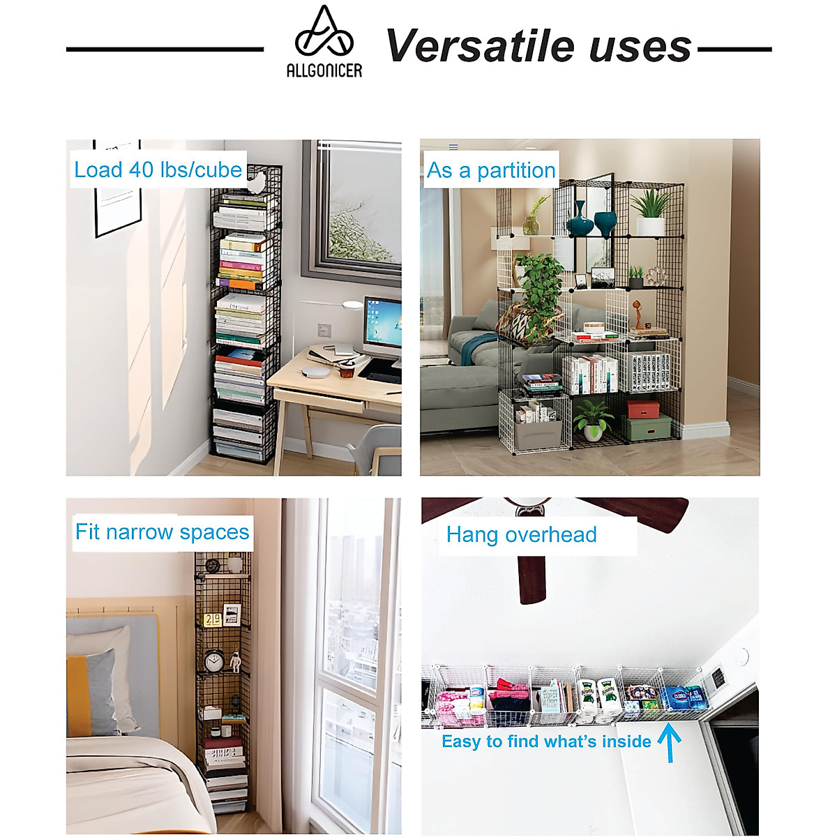 AllGoNicer 14"x14" Wire Grid Shelf Cubes, Patented Design, Sturdy and Long Last, Floor-Stand or Wall-Hang, Easy DIY Assembly (6cubes/23panels, Black)