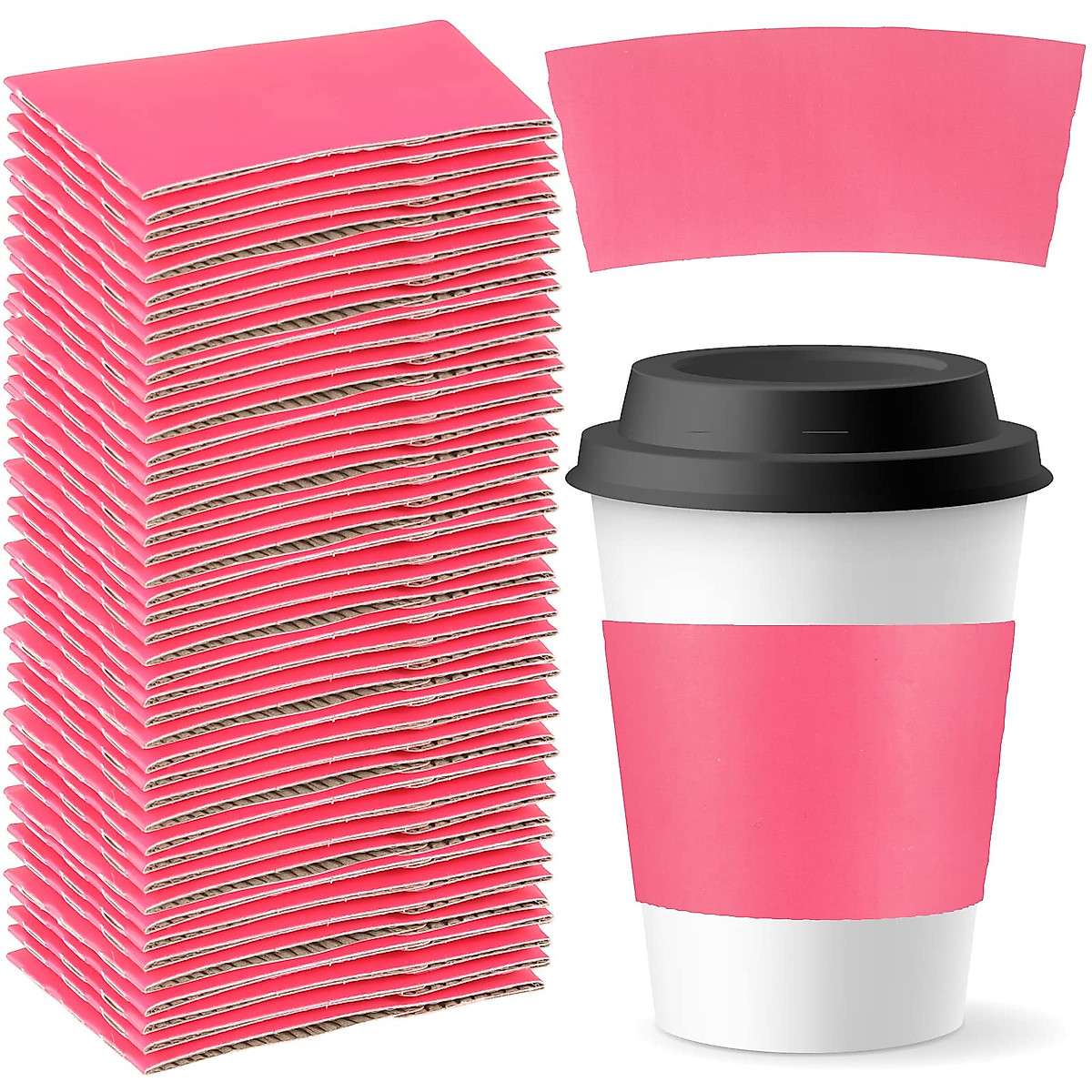 50 Pcs Coffee Sleeves Disposable Corrugated Kraft Paper Cup Sleeve Holder Protective Insulated Heat Espresso Coffee Cup Holder Fits 12, 16, 20, 22, 24 oz Hot Cold Drinks Cups(Pink)