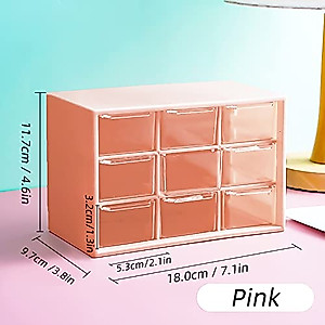 Craft Organizer, 9 Removable Mini Acrylic Plastic Drawers Organizer for Desk, Cute Kawaii Storage Organizer Office Supplier for Jewelry, Sewing Supplies, Vitamins, Sticker and Dool (Pink)