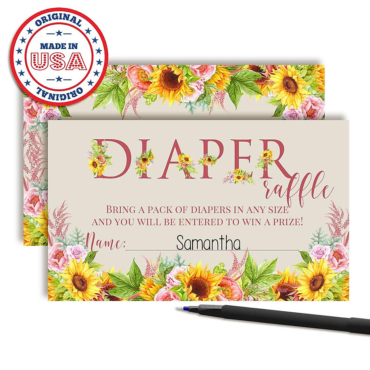 Amanda Creation Watercolor Sunflower & Peony Floral Spring Diaper Raffle Tickets for Baby Showers, 20 2" X 3” Double Sided Inserts, Bring a Pack of Diapers to Win Favors & Priz