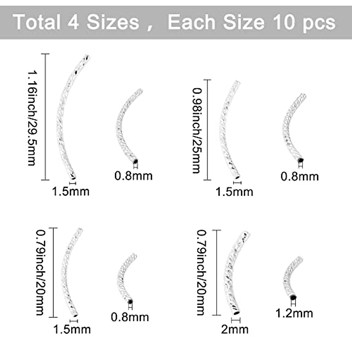 CREATCABIN 40Pcs 925 Sterling Silver Curved Tube Beads Brass 4 Sizes Noodle Tube Sleek Twist Bead Plated Long Large Hole Spacer 1 Box for DIY Jewelry Making Bracelets Findings