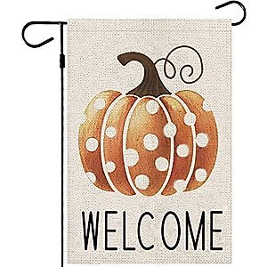 Fall Garden Flag，Welcome Pumpkin Fall Flag 12X18inch，Double Faced Linen Material ，Outdoor Fall Decor，Farmhouse Welcome Banner Pumpkin Decor