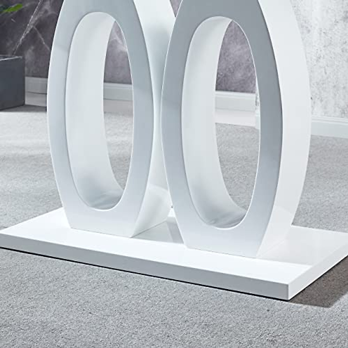 Henf 63" Contemporary Dining Table for 6, Tempered Glass Top Dining Room Table with High-Gloss Double Pedestal, Rectangle Dinner Table Kitchen Table Home Office Meeting Table (White)