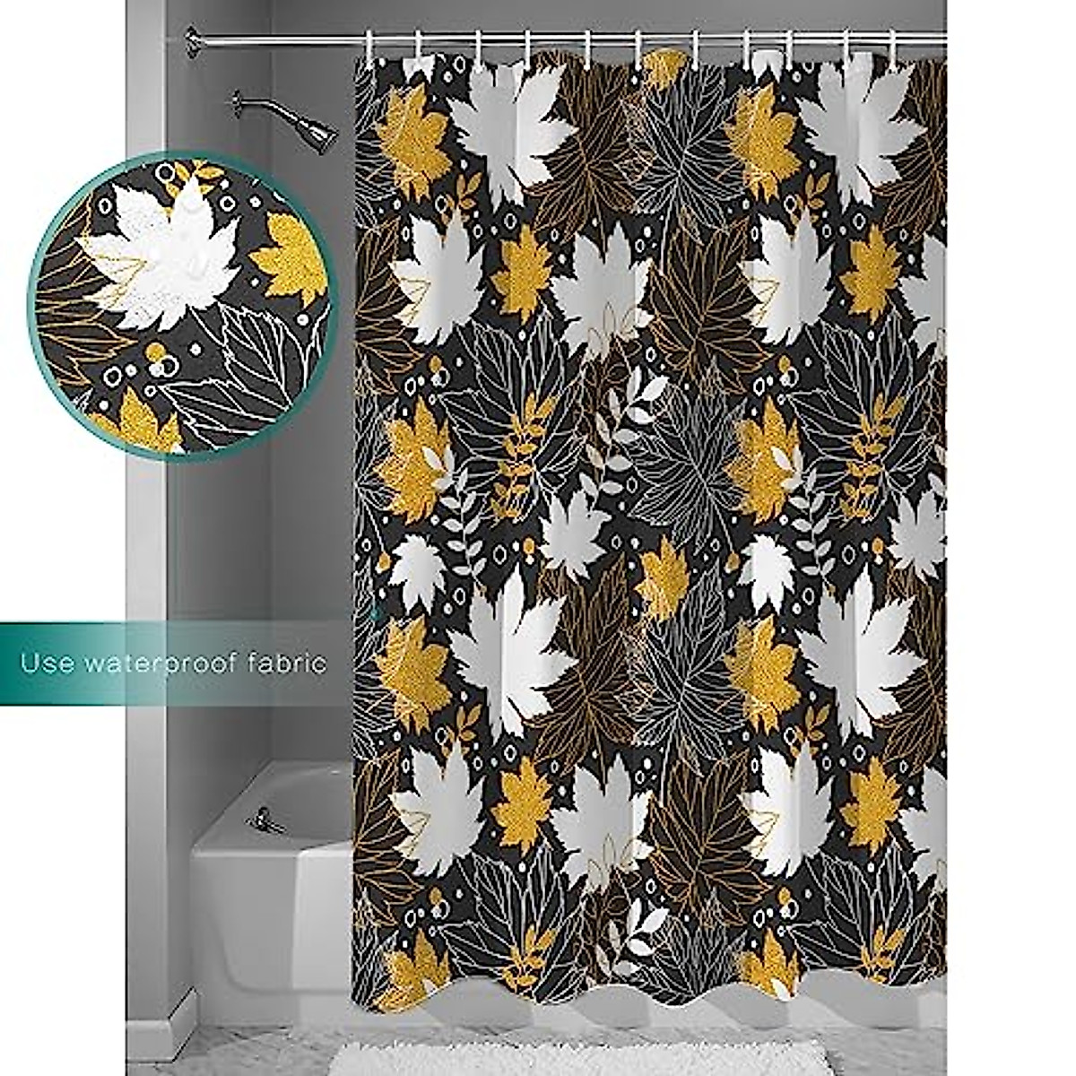 Double Love Autumn Maple Leaves Bathroom Curtain 72 Inch Shower Curtain with Hooks, Waterproof Polyester Bath Curtain Washable Bathtub Curtain Yellow White Gold Leaf Black Backdrop 48''x 72''