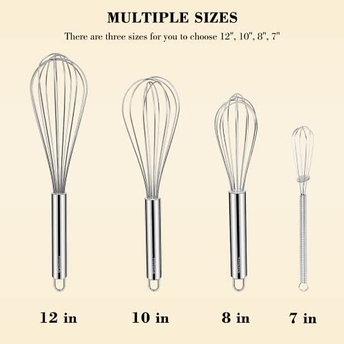 NileHome Stainless Steel Whisk Set 8" 10" 12" Kitchen Whisk Balloon Whisk Kitchen Wisk Wire Whisks for Cooking, Whisking, Blending, Beating, Stirring-4 Pack