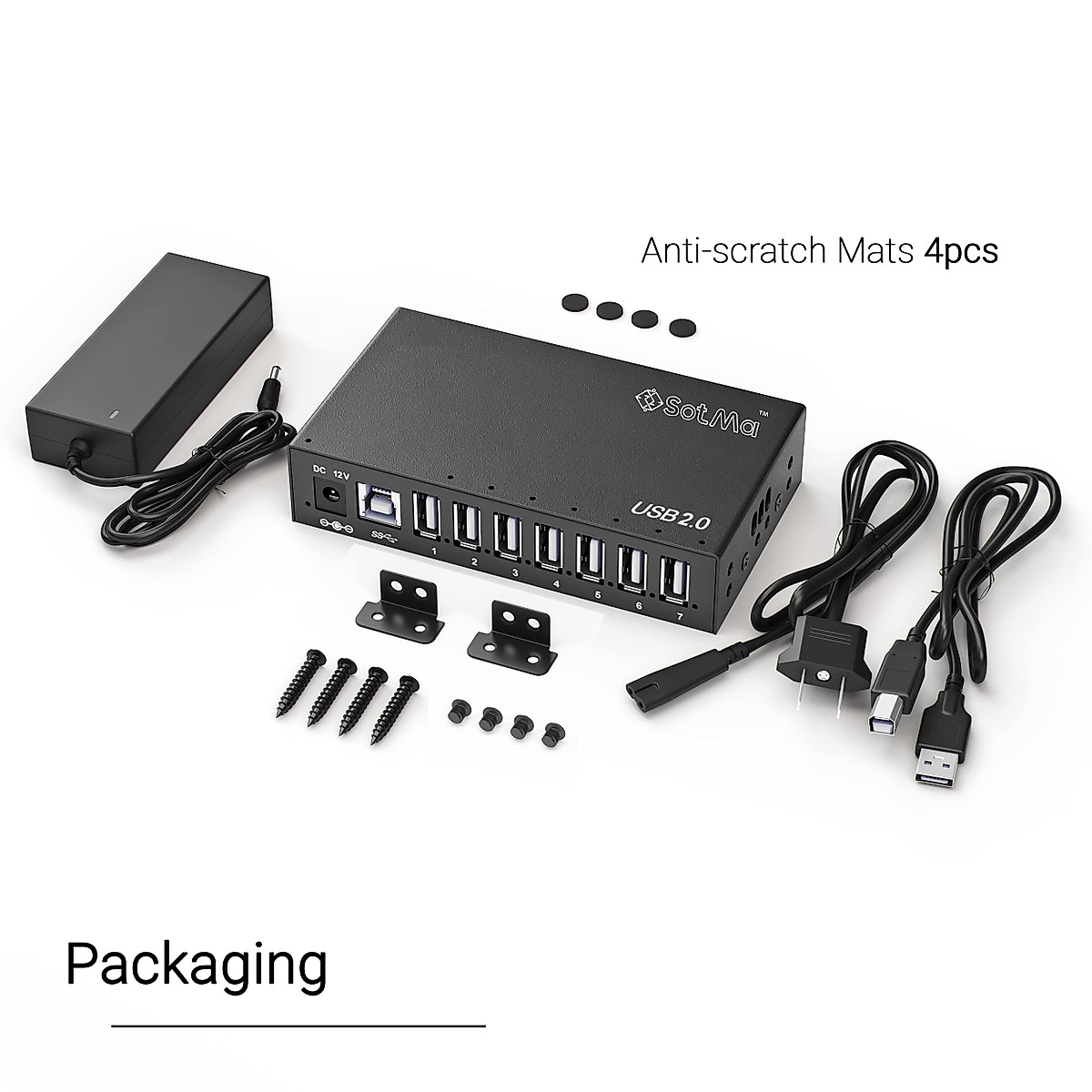 SotMa - USB 2.0 Hub - 7 Port Powered USB Hub Splitter - USB Port Expander with 12V 3A Power Adapter, LEDs and Mounting Bracket - Black