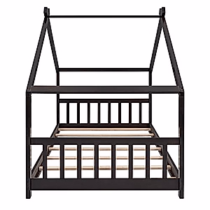 DEYOBED Twin House Bed for Kids - Wood Montessori Design with Headboard, Footboard - Espresso Finish, No Box Spring Needed