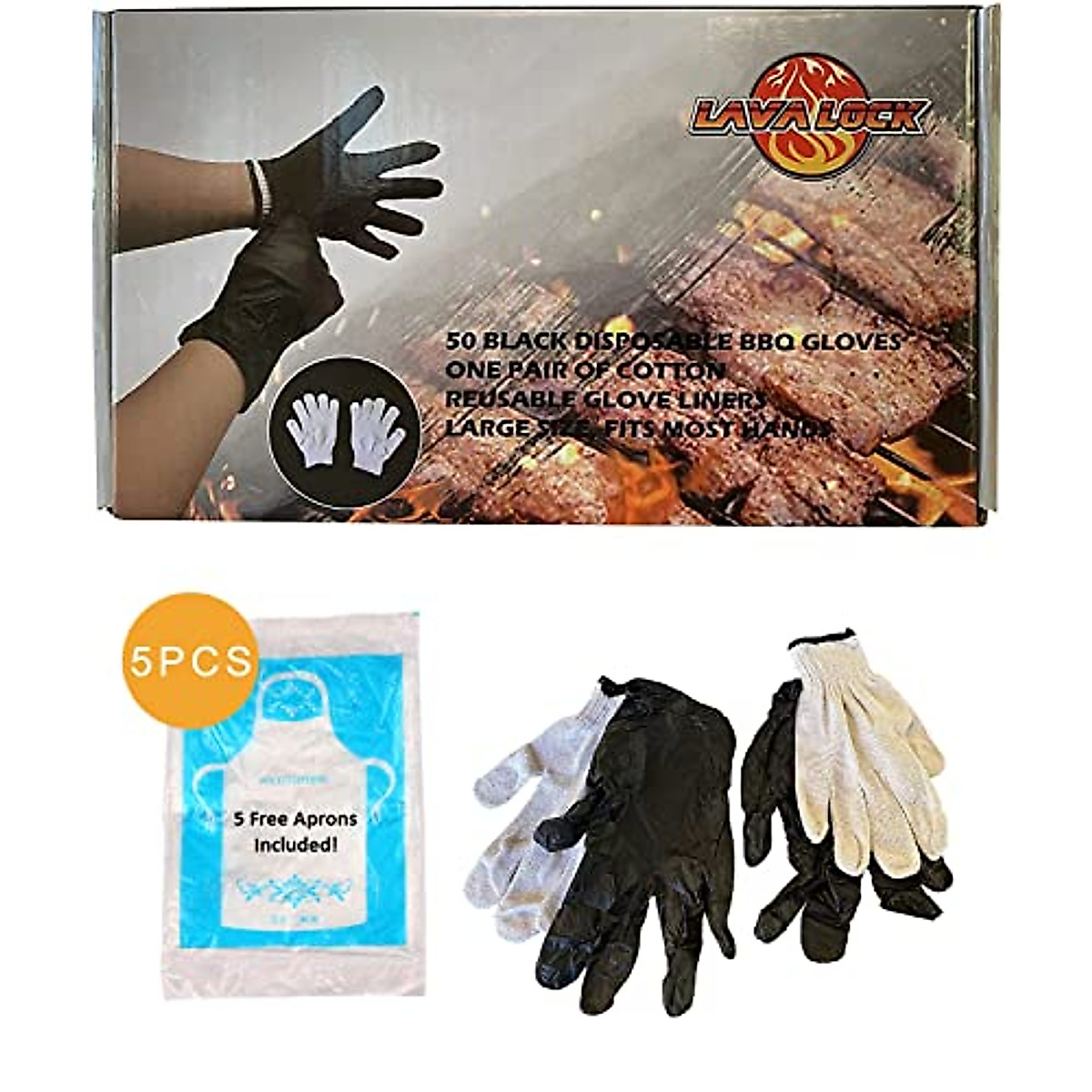 LavaLock Disposable Nitrile BBQ Gloves with Cotton Liners for Outdoor Cooking Grilling Smokers and Barbecue Competition, Chef or Kitchen use (Large 50 Count Black)