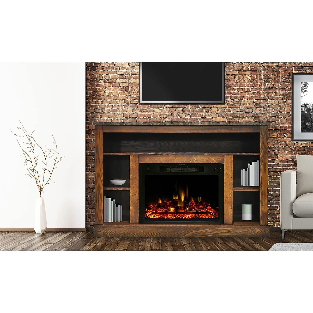 Cambridge Seville 47'' Freestanding Electric Fireplace with Log Insert, Remote, Multi-Color Flame, Walnut Mantel, For Rooms up to 210 Sq.Ft., Adjustable Heat Settings, Timer