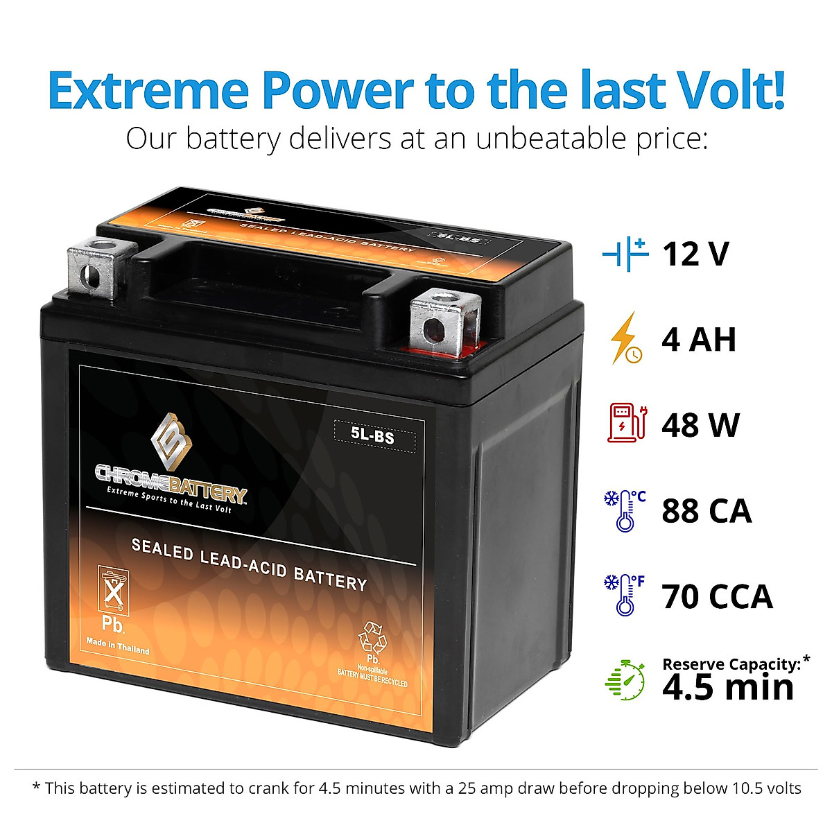 YTX5L-BS Rechargeable Sealed AGM Motorcycle Battery - Maintenance Free - High Performance - Replacement for Yamaha, Honda, Husqvarna, KTM