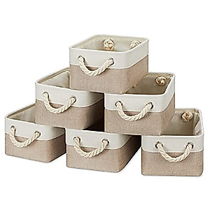 Temary Small Fabric Storage Baskets 6 Pcs Decorative Baskets Bins for Gifts Empty Foldable Storage Baskets with Handles for Organizing Shelf, Towels, Toys (White&Khaki,11.8 L x 7.9 W x 5.3 H inches)