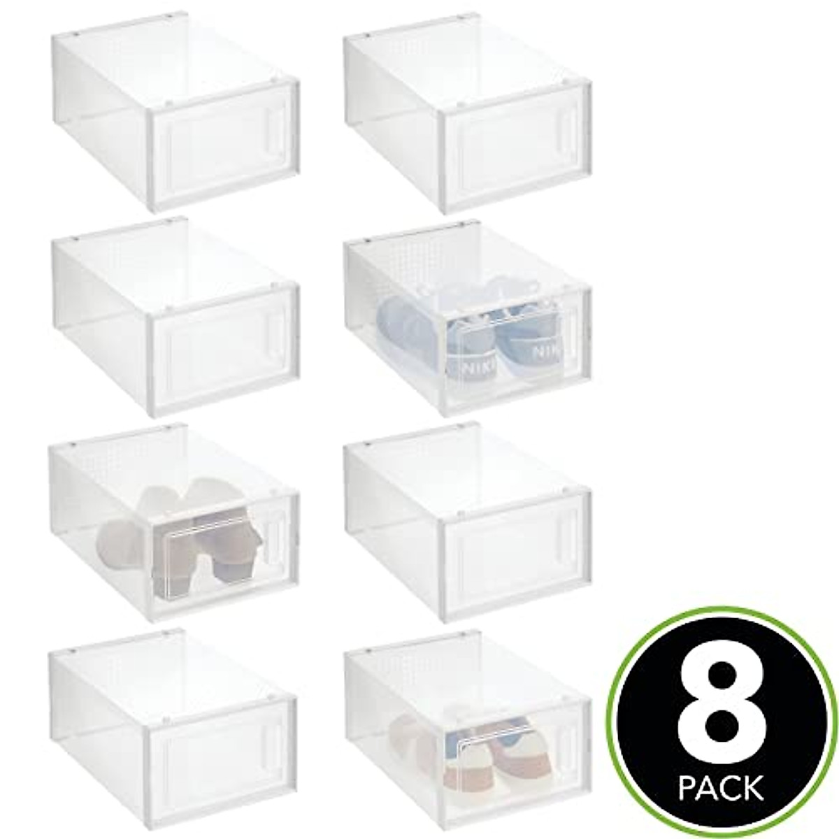 mDesign Stackable Plastic Closet Storage Box with Side Opening Panel- for Organizing Men's and Women's Shoes, Booties, Pumps, Sandals, Wedges, Flats, Heels, and Accessories, 8 Pack - White/Clear