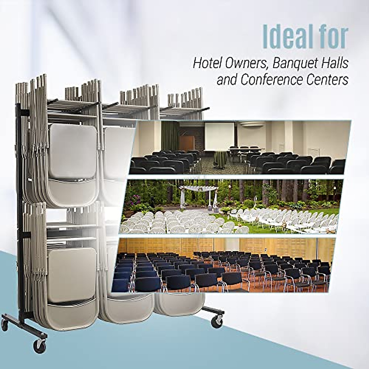 AdirOffice Two Tier Folding Chair Cart- Hanging Foldable Seats Wheeled Carrier - Steel Body Truck with Locking Swivel Caster Wheels - Up to 400 Lbs Weight Capacity and Holds 48 Folding Chairs