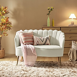 HULALA HOME Modern Velvet Loveseat Sofa with Flower Shaped Back, Comfy Upholstered 2-Seater Sofa with Gold Metal Legs, Small Love Seat Accent Couch for Living Bedroom Leisure Areas, Ivory