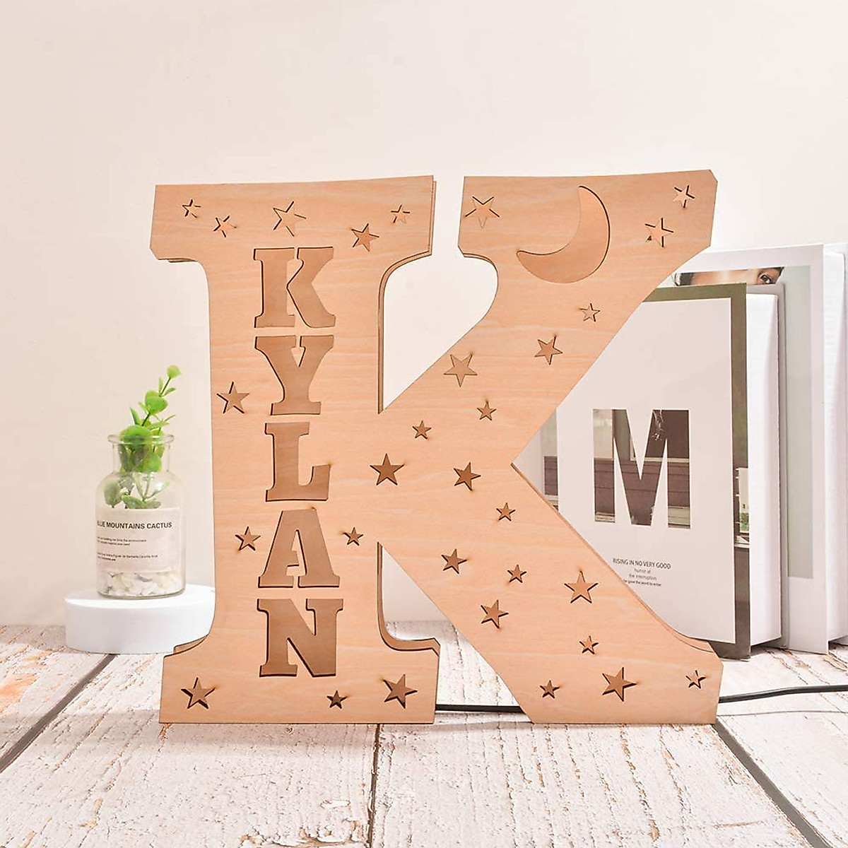 Name-Specific Wooden lamp Personalized Wood Letter Wall Light & Custom Sign Letters Wooden for Kids Room Wooden Children's Moon Stars Bedside lamp (Yellow)