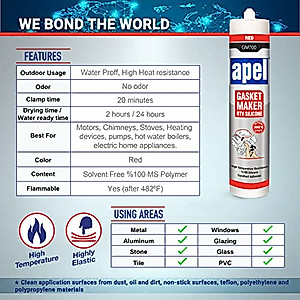apel High Performance RTV High-Temp Silicone Gasket Maker and Sealant Heat Resistant from 104ºF to 572ºF Red, 10.2 oz.