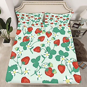 Girls Strawberry Sheets Set Queen Size 4 Pcs Cute Cartoon Fruit Green Kawaii Bedding Set for Kids Teens Bed 1 Fitted Sheet with 1 Flat & 2 Pillowcases