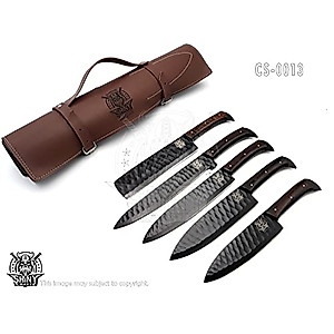 SHINY CRAFTS | Handmade Forged Black Coated Kitchen Knife Set with Wangi wood handle and Damascus Steel Blade, Chef’s Knives set with Leather Pouch Roll and Razor-Sharp Blade (CS-13)