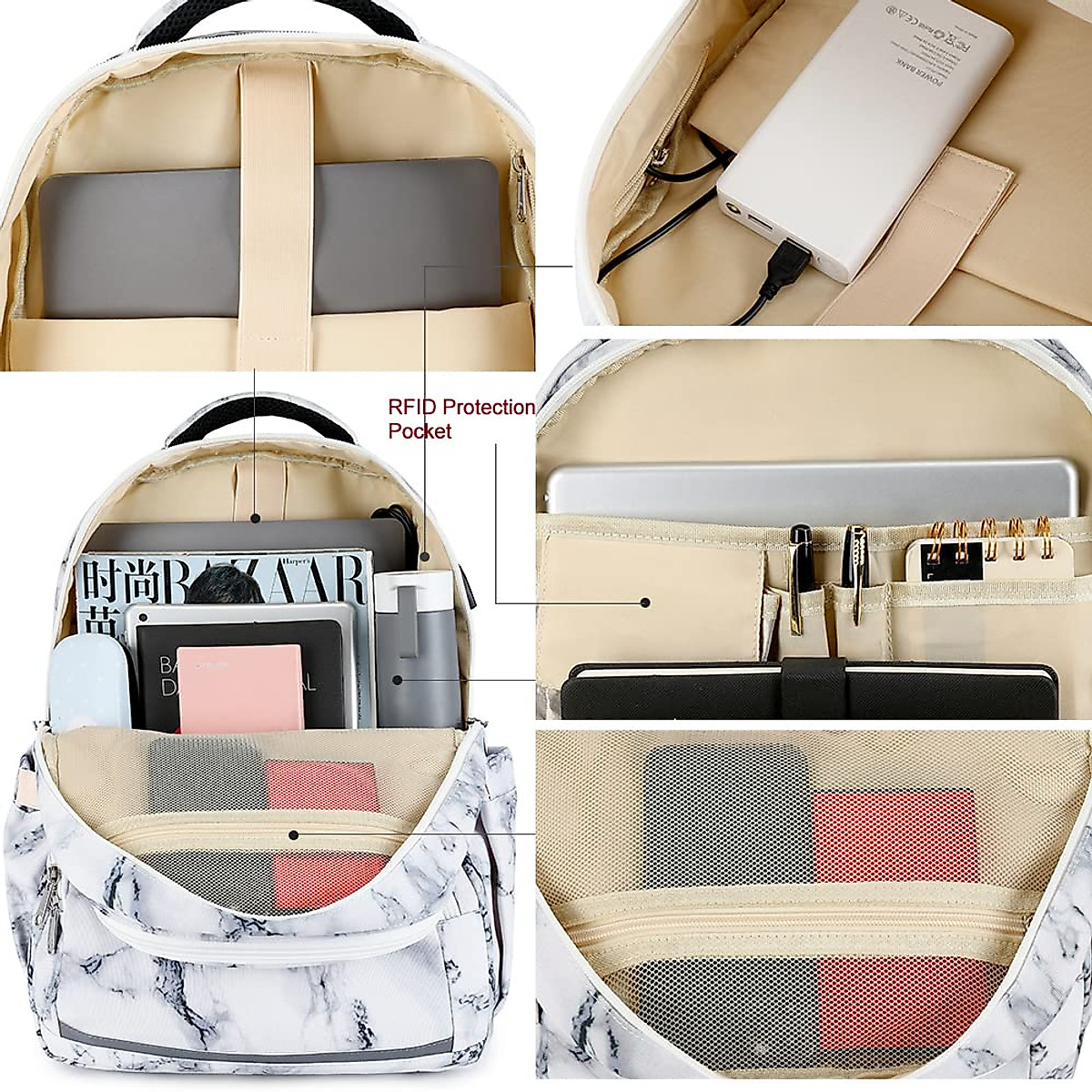 Bluboon Backpack for Women 15.6 Inch Laptop Bookbag College Bag with USB Port (Marble White)