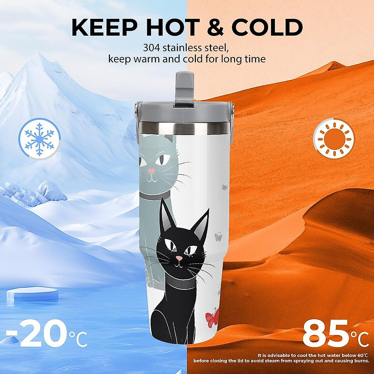 30oz Stainless Steel Insulated Tumbler with Flip Lid & Straw, Leakproof Travel Mug for Car, Black And White Cats Double Wall Vacuum Thermal Coffee Cup with Handle, Spill-Proof Design for Hot/Cold Drin