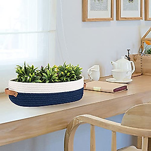 Oradrem Set of 2 Toilet Basket,Woven Storage Basket for Toilet Tank Top Farmhouse Home Decor Organizing Baskets 13"x5.9"x4" Navy Stitching White