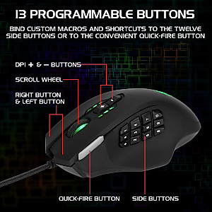 ENHANCE Theorem 2 MMO Mouse with 13 Programmable Side Buttons - RGB Gaming Mouse with 6 Customizable DPI Settings, 5 Gaming Profiles, Quick Fire Button, USB Ergonomic Wired Mouse - Black