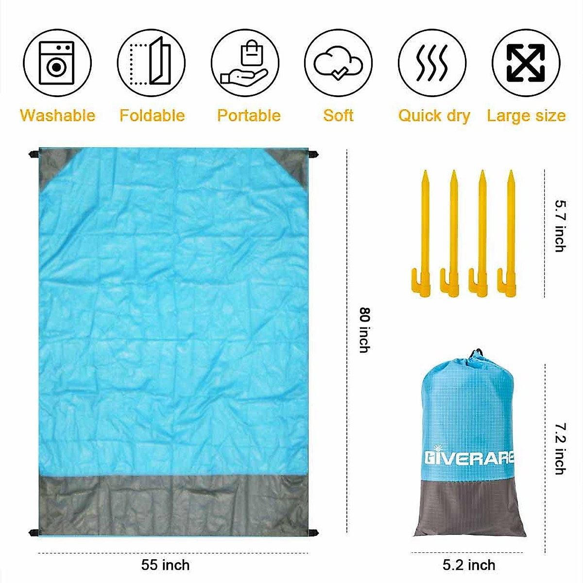 GIVERARE Sandfree Beach Blanket, Waterproof Picnic Blanket, Quick Drying Indoor&Outdoor Family Mat with 4 Stakes&4 Corner Pockets for Travel, Camping, Hiking, Music Festival