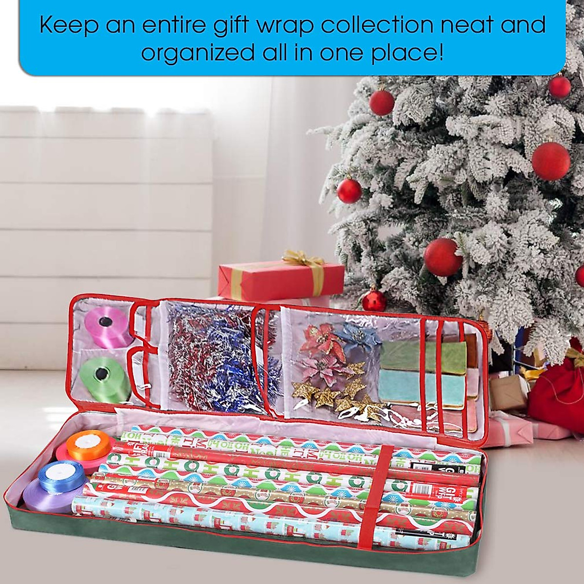 Primode Christmas Gift Wrap Organizer | Wrapping Paper Storage Container Box (37” x 14” x 4”) Constructed of Durable 600D Oxford Material (Black)