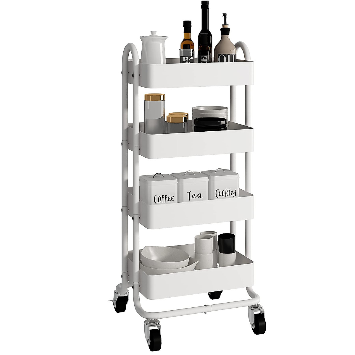 MIOCASA 4-Tier Metal Utility Rolling Cart, Heavy Duty Multifunction Cart with Lockable Casters, Easy to Assemble, Suitable for Office, Bathroom, Kitchen, Garden (White)