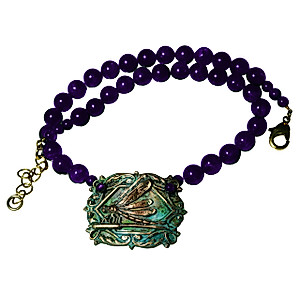 Elaine Coyne Collectible Artwear Verdigris Patina Victorian Dragonfly on Cattail Pendant - Amethyst