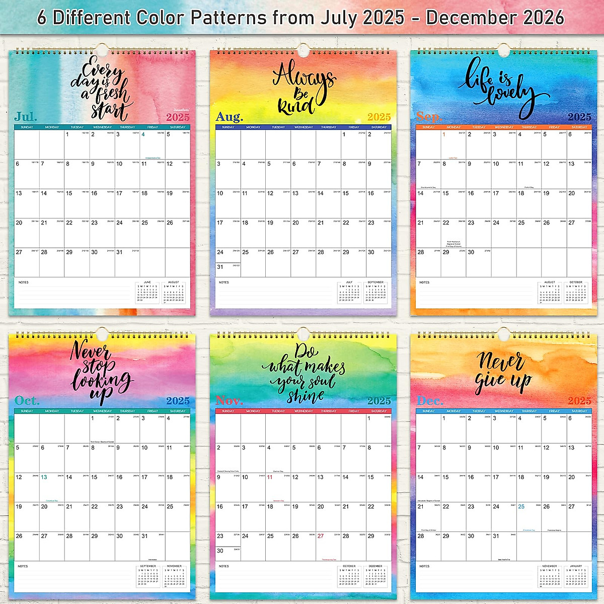 Calendar 2025-2026 - Wall Calendar 2025-2026, July 2025 - December 2026, 18 Monthly with Thick Paper, 12" x 17", Large Blocks with Julian Dates, Twin-Wire Binding, Hanging Hole