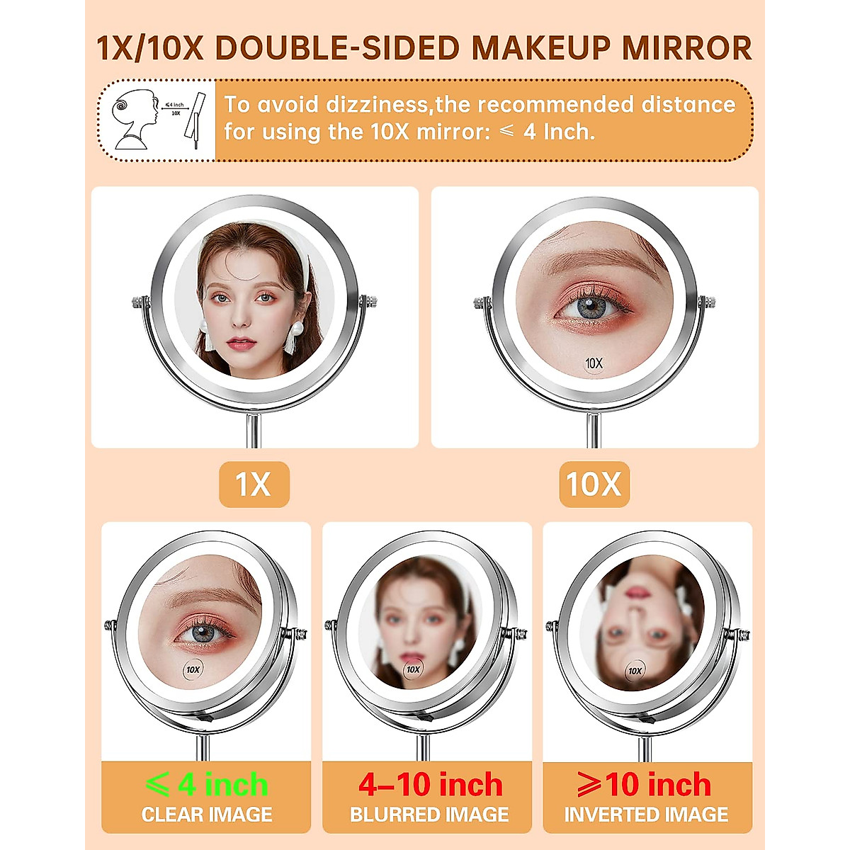 1X/10x Magnified Lighted Makeup Mirror Double Sided Round Magnifying Mirror Standing 360 Degree Swivel Vanity Mirror Battery Operated 7 Inch Diameter Shaving Bathroom Mirror