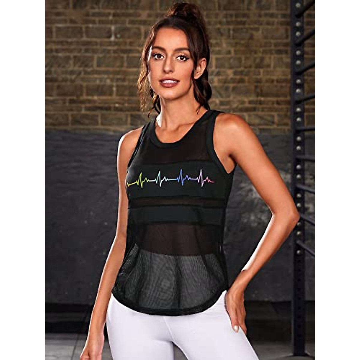 SOLY HUX Women's Mesh Graphic Sports Tank Top Sleeveless Curved Hem Workout Gym Yoga Tops Plain Black S