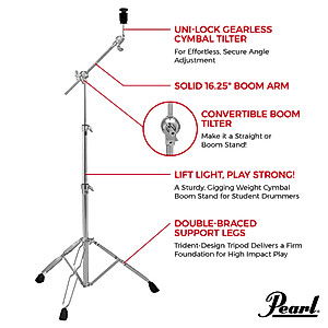 Pearl BC830 Double-Braced Cymbal Boom Stand, Medium Weight Boom Stand with Gearless UniLock Cymbal Tilter, Three-Tier Height Adjustment, and Sturdy Double-Braced legs.