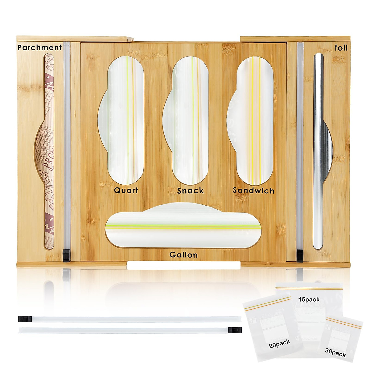 IEMIEBSHA Zip Lock Bag Organizer, 6 in 1 Foil and Plastic Wrap Dispenser with Cutter, Baggie Organizer for Kitchen Drawer, Bamboo Storage Bag Organizer for Gallon Quart Sandwich Snack Bags