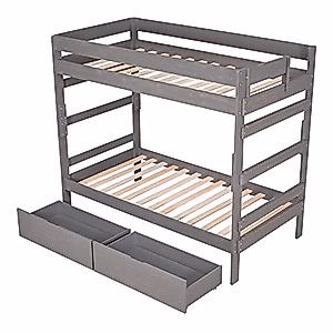 Flieks Twin Over Twin Wood Bunk Bed with 2 Drawers, Gray