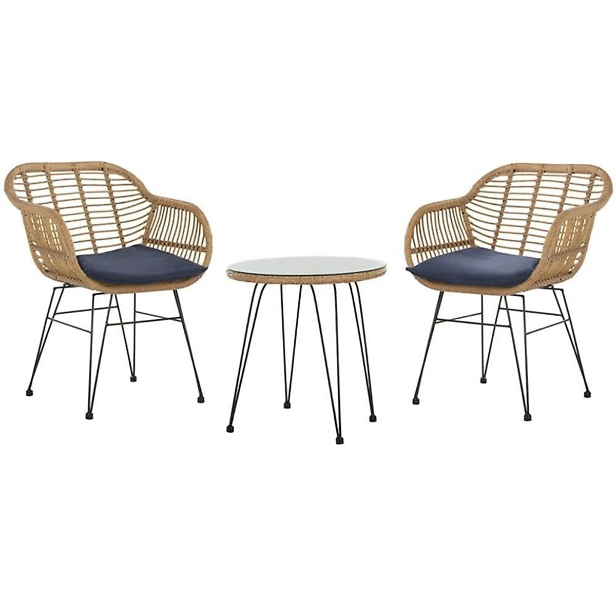 SAFAVIEH Outdoor Collection Alton Light Brown Rattan/Navy Seat Cushion 3-Piece Patio Lounge Bistro Set with Table (PAT9004B)