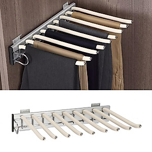 mopam Pull Out Trousers Rack 9 Arms Retractable Closet Pants Hanger Side Mounted Space Saving Trouser Hanger Rack, Left Side Installation, Beige