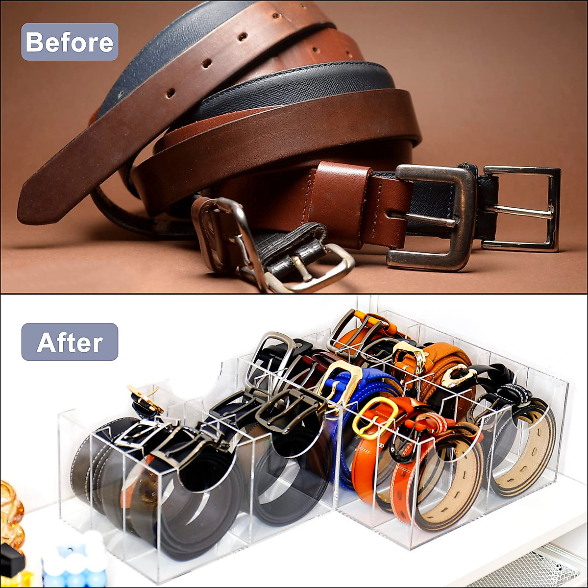 Cutora Belt Organizer, Acrylic Belt Storage Holder for Closet and Drawer, 10 Compartments Belt Container for Checkroom, Clear Belt Divider Display Case