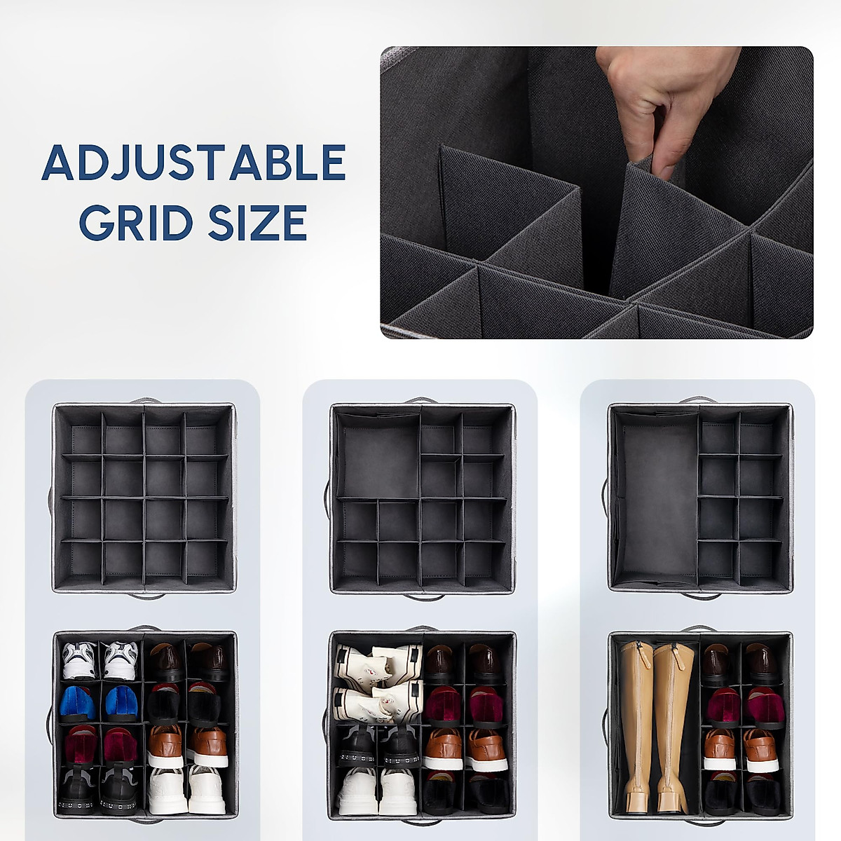 WELTRXE 2 Pack Shoe Organizer for Closet, Fits up to 32 Pairs, Small Space Shoe Storage Boxes Bins Containers w/Adjustable Dividers, Space Saving Shoes Holder W/Reinforced Handles, Gray