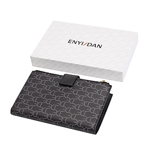 ENYISDAN Women Wristlet Clutch Wallet Long RFID Blocking Leather Wallet Multi Card Zipper Wallet with Credit Card Case Zipper Pocket Holder (black background/gray and white letters)