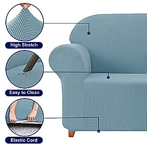 SUBRTEX Stretch Sofa Cover Set 1 Piece Sofa Slipvover with A Gift Cushion Cover for 2 Cushion Couch Loveseat(Steel Blue,Loveseat)