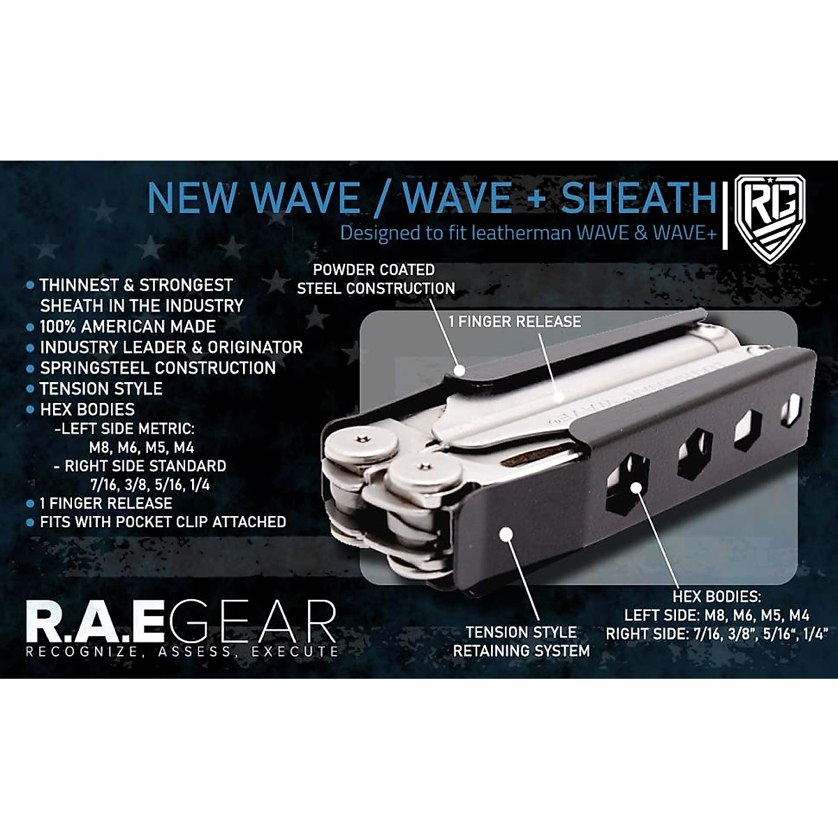 WAVE PLUS/NEW WAVE Sheath Compatible with Leatherman Multitools Made in The USA made of spring steel (TOOL NOT INCLUDED) (2.25" BELT CLIP)