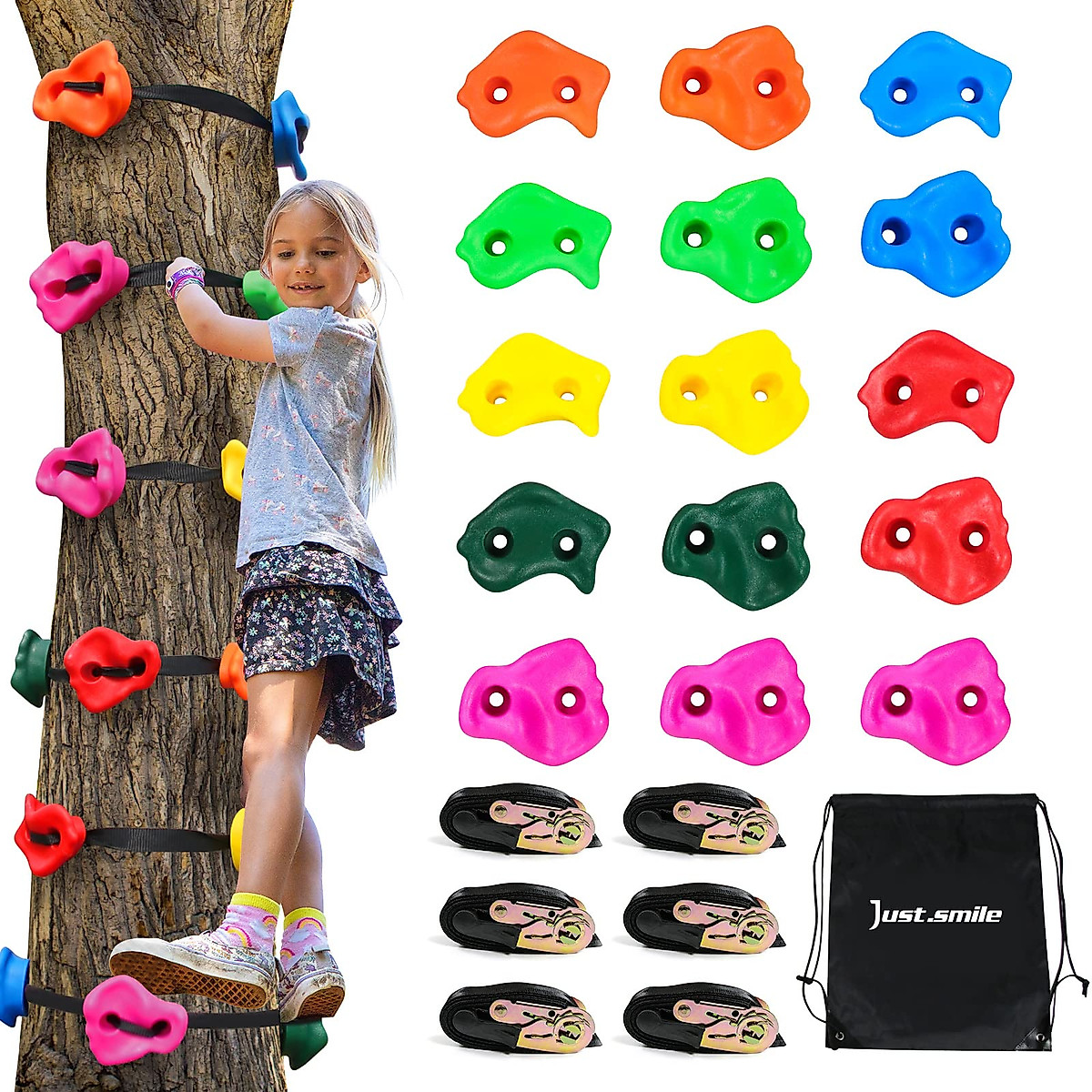 Just.smile Climbing Hold for Kids Outdoor-Ninja Tree Climbing Rocks 15 Pcs with 6 Ratchets-Climbing Grip Kits for Ninja Warrior Obstacle Course