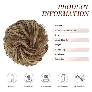 FESHFEN Messy Hair Bun Hair Pieces Wavy Curly Hair Bun Scrunchies Extensions Synthetic Chignon Hairpieces for Women Girls, Brown & Blonde 1 PCS