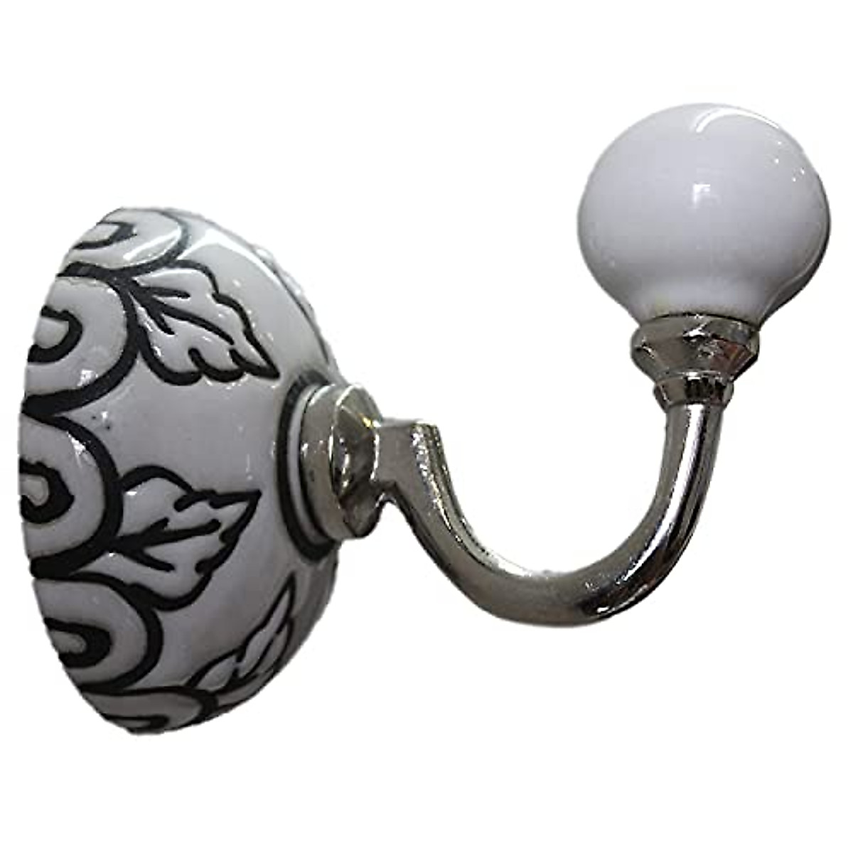 PARIJAT HANDICRAFT Hand Painted Black and White Leaf Beautiful Colored deign Floral Ceramic Wall Hook Hanger Key Holder hat Clothes hangings Bath Towel Hook Hanger