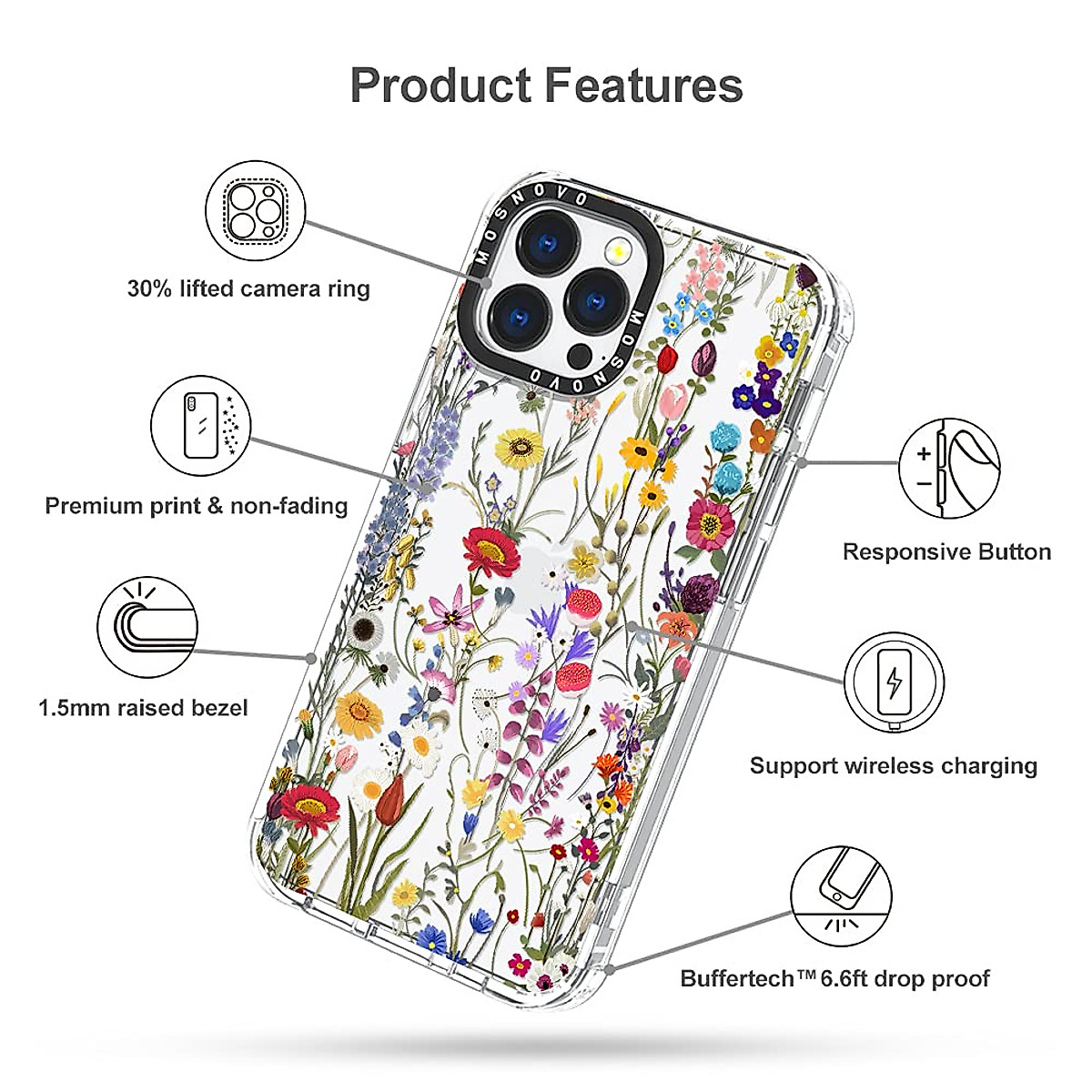MOSNOVO Case for iPhone 13 Pro Max, [Buffertech 6.6ft Military-Grade Drop Protection] [Anti Peel Off Tech] Clear TPU Bumper Phone Case Cover Design - Wildflower Meadow
