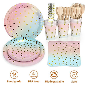 Dn Dennov 168PCS Pink and Gold-Pastel Party Supplies, Severs 24 Disposable Party Dinnerware Include Paper Party Plates,Cups,Napkins,Straw,Wooden Fork Spoon for Wedding,Christmas(Trompe l'oeil Gold)