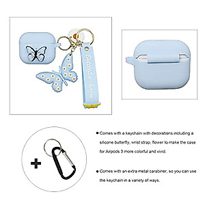 Jeriwell Compatible with AirPods 3rd Generation Case Cover Soft Silicone Waterproof 3D Butterfly with Keychain for Airpods 3 Charging Case 2021 for Women Girls (Light Blue)
