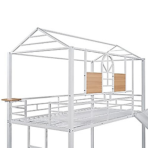 Tidyard Twin Over Twin Metal Bunk Bed,Metal Housebed with Slide,Three Colors Available.(White with White Slide) for Bedroom Dorm Guest Room Home Furniture